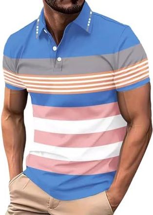 Generic T-shirt ray&eacute; pour homme - Haut de sport basique pour homme - Style d&eacute;contract&eacute; - Revers ample - Boutons ray&eacute;s - Couleurs contrast&eacute;es - T-shirt &agrave; manch