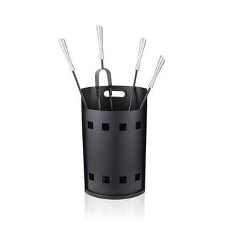 Relaxdays Kaminbesteck, 5-TLG. Set, im Eimer, Sch&uuml;rhaken, Ascheschaufel, Besen, Zange, Kamingarnitur, schwarz/Silber