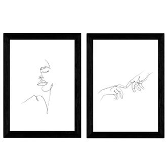 Nacnic Set von 2 Platten der Zeichnungen mit einem einzigen Strich von Mann und Gesicht der Frau. Poster mit einer einzigen Linie. A3 Größe mit Rahmen