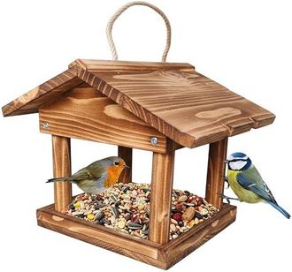 Relaxdays Vogelfutterhaus, Holz, Vogelhaus zum Aufh&auml;ngen, HxBxT: 22 x 26 x 22 cm, Garten & Balkon, Futterhaus, geflammt