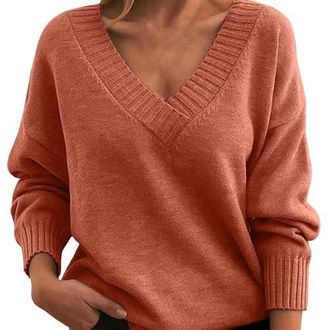 Generic Pull &agrave; col en V pour femme en tricot c&ocirc;tel&eacute; &agrave; manches longues pour femme Pull d&eacute;contract&eacute; chaud uni, corail, M