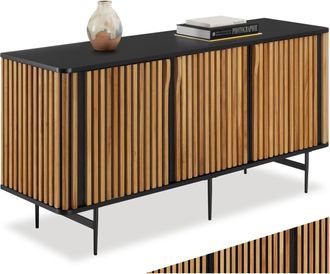 TecTake Sideboard in Lamellen Optik, mit 3 Schrank F&auml;chern, Kommode, TV Schrank, Fernsehtisch, K&uuml;chenschrank, Sideboard Wohnzimmer M&ouml;bel, TV Board, Lowboard, 