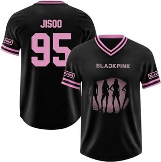 Generic Maillot de Baseball imprim&eacute; Noir et Rose Kpop Lisa Jennie Jisoo Rose, t-Shirt de Baseball Hip-hop &agrave; col en V pour Les Fans de Musique 02-5 XXL
