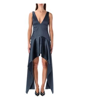 J.W.Anderson Femme, Robes, Bleu, Taille: 36 FR Robe Bleu Acier Col en V Ourlet Haut-Bas