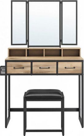 Vasagle Table de Maquillage avec Tabouret Rembourr&eacute;, avec Miroir Triple, 3 Tiroirs, Porte-s&egrave;che-Cheveux, Pot, Style Industriel, Marron et Noir