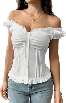 Generic Chemisier court pliss&eacute; &agrave; &eacute;paules d&eacute;nud&eacute;es et encolure en coeur pour femme, blanc, XL