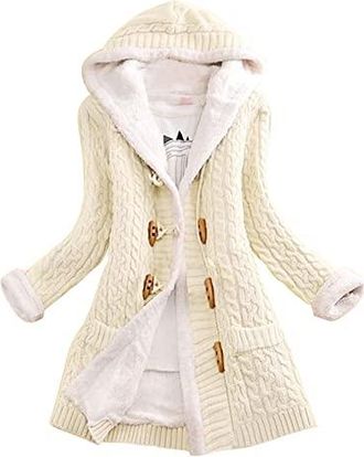 Generic Veste en tricot longue pour femme avec capuche, veste en polaire avec boutons en corne, doublure en peluche, veste en gros tricot capuche, veste teddy