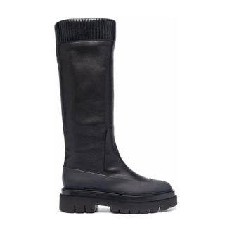 Santoni Gerippte Leder Kniehohe Stiefel Schwarz - - Shoes - Damen - Schwarzk - 37 EU
