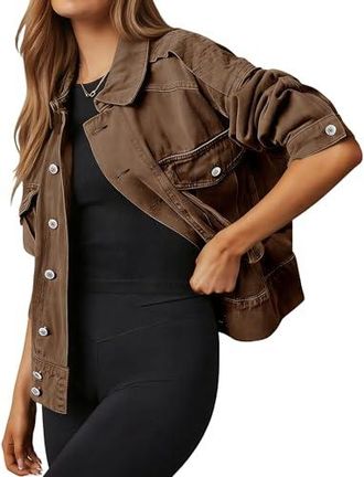 Generic Veste cargo courte en jean pour femme avec boutons sur le devant, manteau en jean d&eacute;contract&eacute; pour printemps, v&ecirc;tements dext&eacute;rieur courts tendance, ma