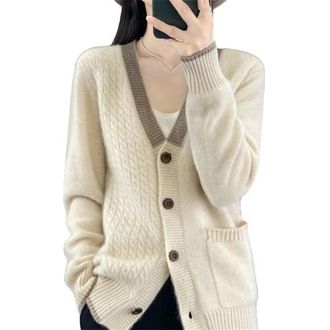 Generic Cardigan dhiver 100 % laine pour femme - Pull &eacute;pais tricot&eacute; &agrave; manches longues - Haut basique d&eacute;contract&eacute;, Yan Rong Beige, Taille XS