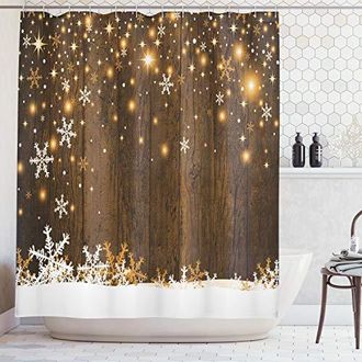 Abakuhaus Noël Rideau de Douche, Bois et Snowflakes, Tissu Ensemble de Décor de Salle de Bain avec Crochets, 175 x 200 cm, Brun Blanc