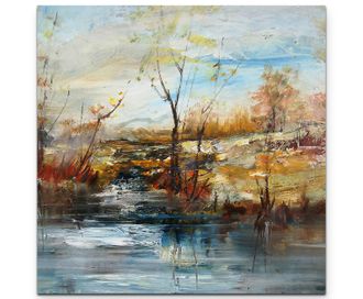 Paul Sinus Art Leinwandbilder | Bilder Leinwand 90x90cm Landschaft mit Bäumen und Wasser - Ölgemälde