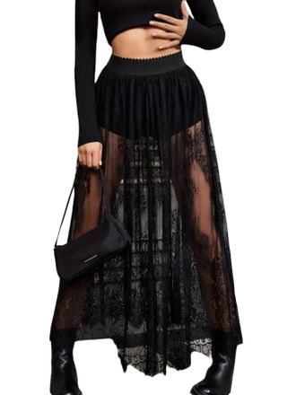 SOLY HUX Festival Outfit Rock Damen Elegant Spitze Maxirock Y2K Hosenrock Tanzrock Freizeitrock mit Short Durchsichtige Clubwear Schwarz L