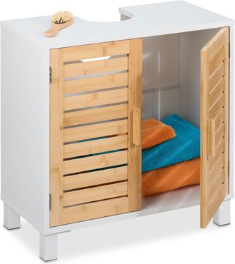 Relaxdays Waschbeckenunterschrank mit 2 T&uuml;ren, HBT: 60x60x32 cm, Bambus & MDF, Badunterschrank Waschbecken, wei&szlig;/Natur