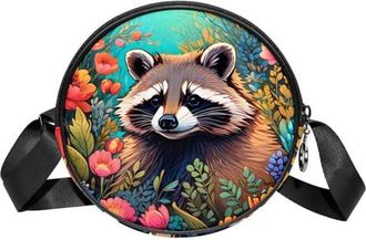 Generic Petit sac &agrave; bandouli&egrave;re circulaire pour femme, motif raton laveur avec fermeture &eacute;clair, bretelles r&eacute;glables, sac &agrave; main rond d&eacute;contract&eacute; pour femmes 