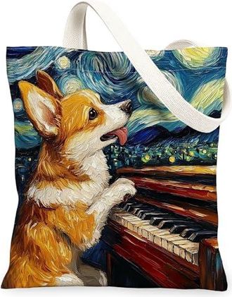 Generic Corgi Sac fourre-tout en toile r&eacute;utilisable pour faire du shopping Motif piano &eacute;toil&eacute; nuit 33 x 38 cm