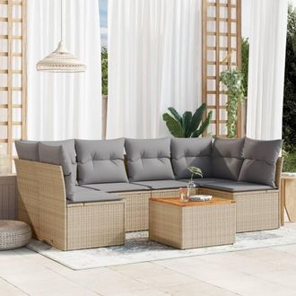 Festnight QJBSAVVA 7-TLG. Garten-Sofagarnitur Beige Poly Rattan modulare Lounge mit Akazienholztisch 62 x 62 x 69 cm UV-best&auml;ndig platzsparendes Balkonm&ouml;bel f&uuml;r