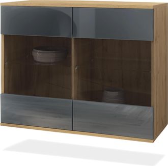 Vladon Kommode Bari V3, Moderner Küchenschrank mit 2 großen Glastüren Eiche Evoke/Grau Hochglanz (92,5 x 73.5 x 35)