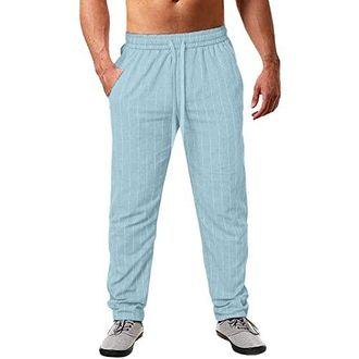 Generic Pantalon en coton et lin pour homme - Pantalon d&eacute;contract&eacute; &agrave; rayures fines pour le printemps et l&eacute;t&eacute; Pantalon de plage &eacute;lastique confortable Pantalon 
