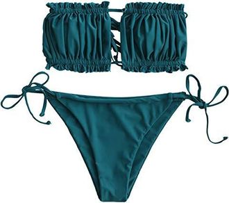 Zaful Zaful Ensemble bikini pour femme Haut de bikini bandeau froncé avec liens et slip de bain échancré Couleur unie - - 40