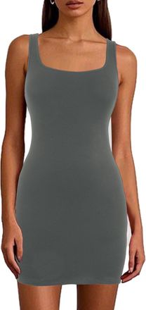 Joyshaper Bodycon Kleid Damen Ärmellos Tank Minikleid mit Eckiger Ausschnitt Sommerkleider Kurz Eng Geripptes Freizeitkleid Einfarbiges Figurbetontes Kleid, Gra