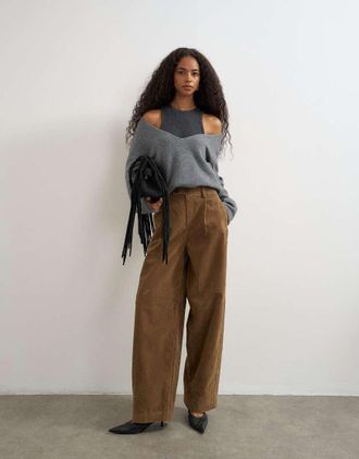 Topshop pantalon barrel en faux daim chocolat-Marron