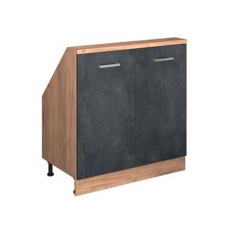 Vicco K&uuml;chenschrank f&uuml;r Dachschr&auml;gen R-Line, Schwarz Beton/Goldkraft Eiche, 80 cm mit 2 T&uuml;ren