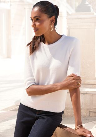 Lascana Kurzarmpullover LASCANA, Damen, Gr. 32/34, beige (creme), Rippstrick, Obermaterial: 80% Polyamid, 15% Viskose, 5% Polyester, unifarben, figurumspielen