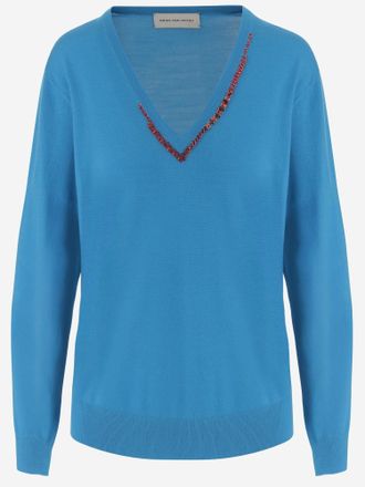 Dries Van Noten Womens Wool Sweater With Embellished V-Neck, Navy Merino