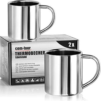 Com-Four Lot de 2 gobelets isothermes en acier inoxydable 220 ml - tasses à café double paroi - mugs thermiques incassables sans BPA - parfaits pour le camping