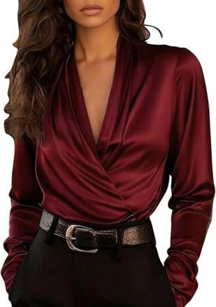 Generic Chemisier &eacute;l&eacute;gant en satin &agrave; col en V pour femme, chemisier d&eacute;contract&eacute; long pour le travail, chemisier enveloppant pour femme, chemise en soie, borde