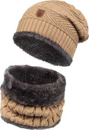Indicode Unisex Siracusa Winter-Set Mütze & Schal | Strick Wintermütze Winterschal Beige, One Size