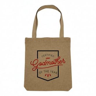 Fabulous Sac Shopping Tote Bag Aspect Lin - Certified Godmother of the Year Birth Baptism - Sac de Courses Toile Epaisse 360g Beige Naturel Cabas Port&eacute; Epaule 