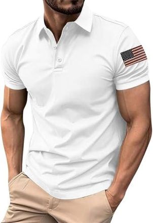 Generic Polo pour homme &agrave; manches courtes avec drapeau am&eacute;ricain - D&eacute;contract&eacute; - Col boutonn&eacute; - T-shirt graphique d&eacute;t&eacute;, Polos blancs pour hommes, XXL