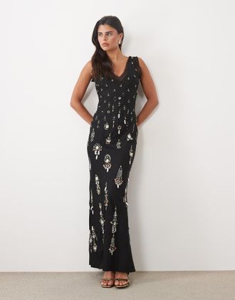 Asos Maxikleid mit Schmucksteinen und V-Ausschnitt in Schwarz