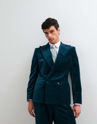 Asos Veste de costume ajust&eacute;e &agrave; double boutonnage en velours de coton - Bleu sarcelle fonc&eacute;-Vert