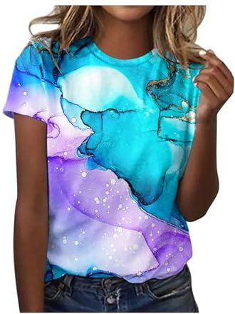 Generic T-shirt pour femme Printemps et &Eacute;t&eacute; Color&eacute; Imprim&eacute; Manches Courtes O-Neck, bleu, XXL