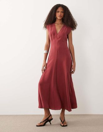 Mango Midikleid in kr&auml;ftigem Rot mit gesmokter Taille-Orange