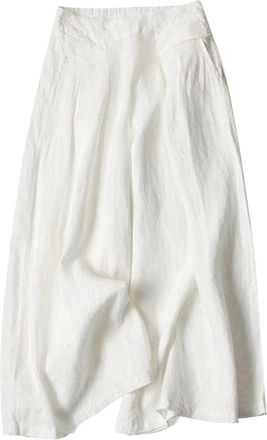 Feoya Damen Sommer Leinen Hosen Lang Weites Bein Hose Lockere Freizeithose mit Taschen Elastisch Bund Yogahose Herstellergr&ouml;&szlig;e XXL/ DE40