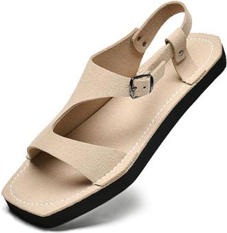 Generic Sandales plates l&eacute;g&egrave;res en cuir pour homme avec bout carr&eacute; ouvert et sangle r&eacute;glable confortables antid&eacute;rapantes cousues &agrave; la main pour la plage d&eacute;con