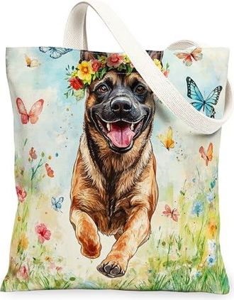 Generic Sac fourre-tout en toile motif chien malinois belge printanier 33 x 38,1 cm, sac d&eacute;picerie r&eacute;utilisable pour femme, animal de compagnie, peinture, d&eacute;c