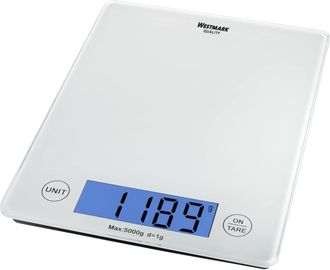 Westmark Digitale K&uuml;chenwaage mit Tara-Funktion, Wiegebereich bis 5 Kg, Glas-Wiegefl&auml;che, 23 x 18 x 1,8, Milchglas, Elegance, Wei&szlig;/Transparent, 30332260