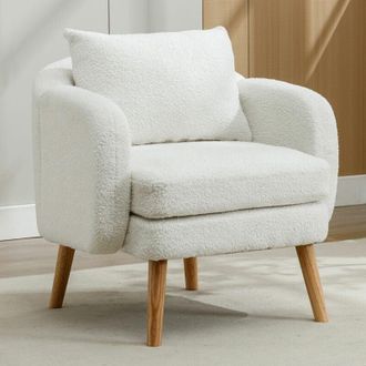 Merax Merax - Fauteuil en tissu bouclette avec coussin épais - pieds en bois massif - blanc
