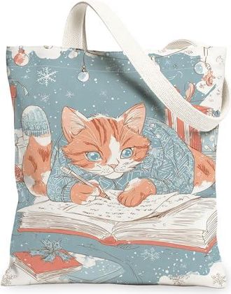 Generic Sac fourre-tout en toile motif chat dhiver, joli f&eacute;lin, sac de courses r&eacute;utilisable, l&eacute;ger et lavable avec bandouli&egrave;re, bleu, 13x15 Inch
