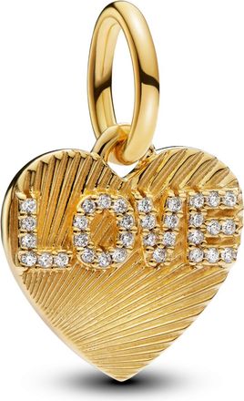 Pandora Moments Gravierbarer Love-Herz Charm-Anhänger aus Sterling Silber mit vergoldeter Metalllegierung und Zirkonia, Kompatibel Moments und ME Armbänder, 7