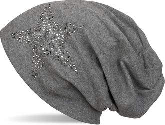 styleBREAKER Damen Slouch Beanie M&uuml;tze mit Strass Stern | Glitzer Longbeanie aus weicher Viskose | One Size f&uuml;r Erwachsene, Farbe:Grau meliert