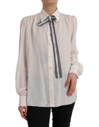 Dolce & Gabbana Womens Off White Long Sleeve Button Down Blouse Top Silk