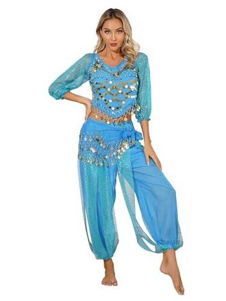 TiaoBug Femme D&eacute;guisement Indienne Princesse Robe de Danse du Ventre Paillette Haut Top de Danse Orientale et Harem Pantalon Costume Carnaval Halloween Bleu C