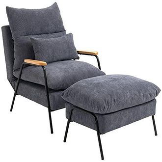 HOMCOM Fauteuil de Relaxation avec Repose Pied Style n&eacute;o-r&eacute;tro - Dossier inclinable - Structure Acier Noir accoudoirs Bois h&eacute;v&eacute;a rev&ecirc;tement Velours c&ocirc;tel&eacute; Gr
