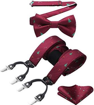 Hisdern Noël Bretelles Rouge Hommes Noeud Papillon Ensemble De Festival Bretelles Poche Carré Réglable Forme Y avec Clips Fortes Amusant Motif de Noël Amusant